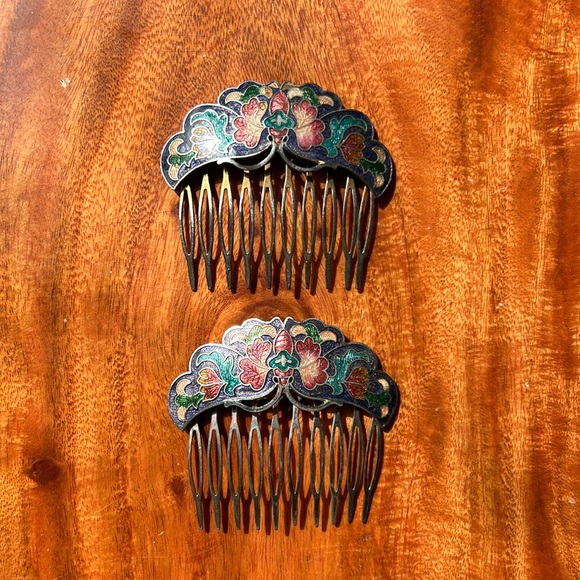 Accessories | Vintage Two Cloisonn Gold Tone Hair Comb Enamel Blue And ...